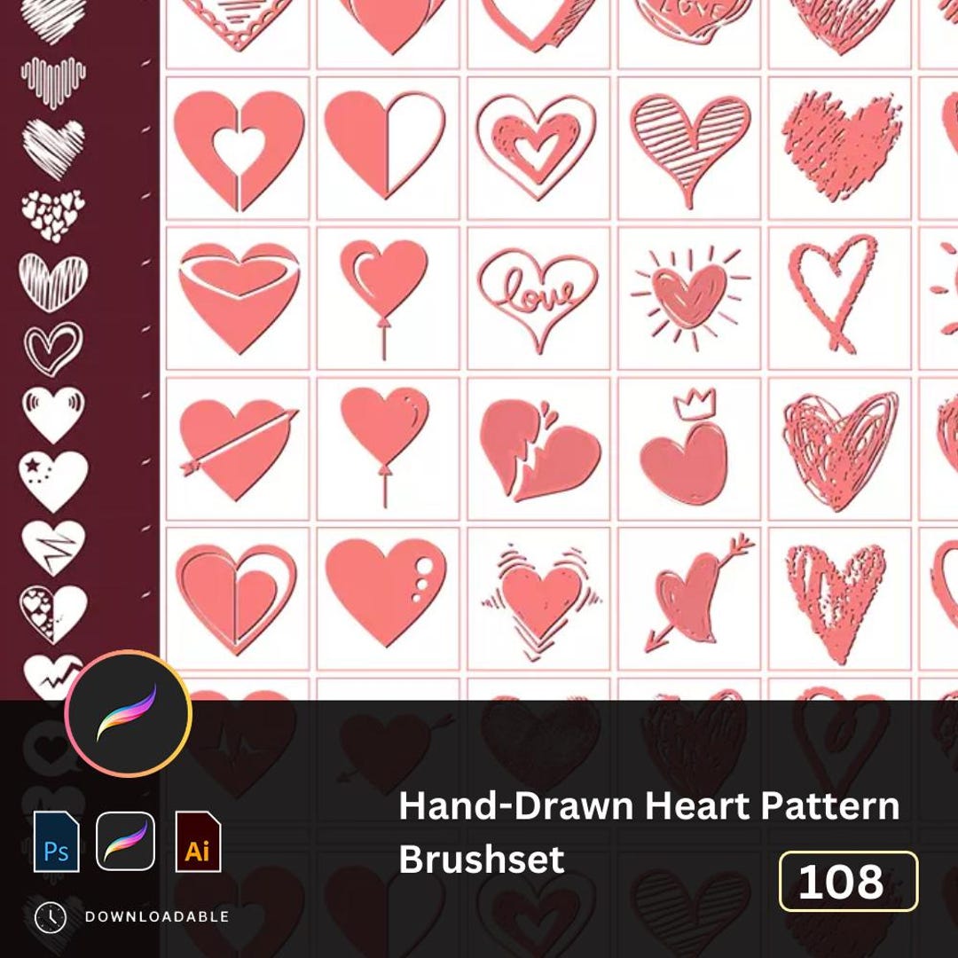 100+ Hand-drawn Heart Pattern Doodles Procreate & PS Brushes, AI Vector ...