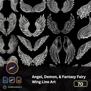 70 Wing Designs Procreate & PS Brushes Angel, Demon Fantasy Fairy Line ...