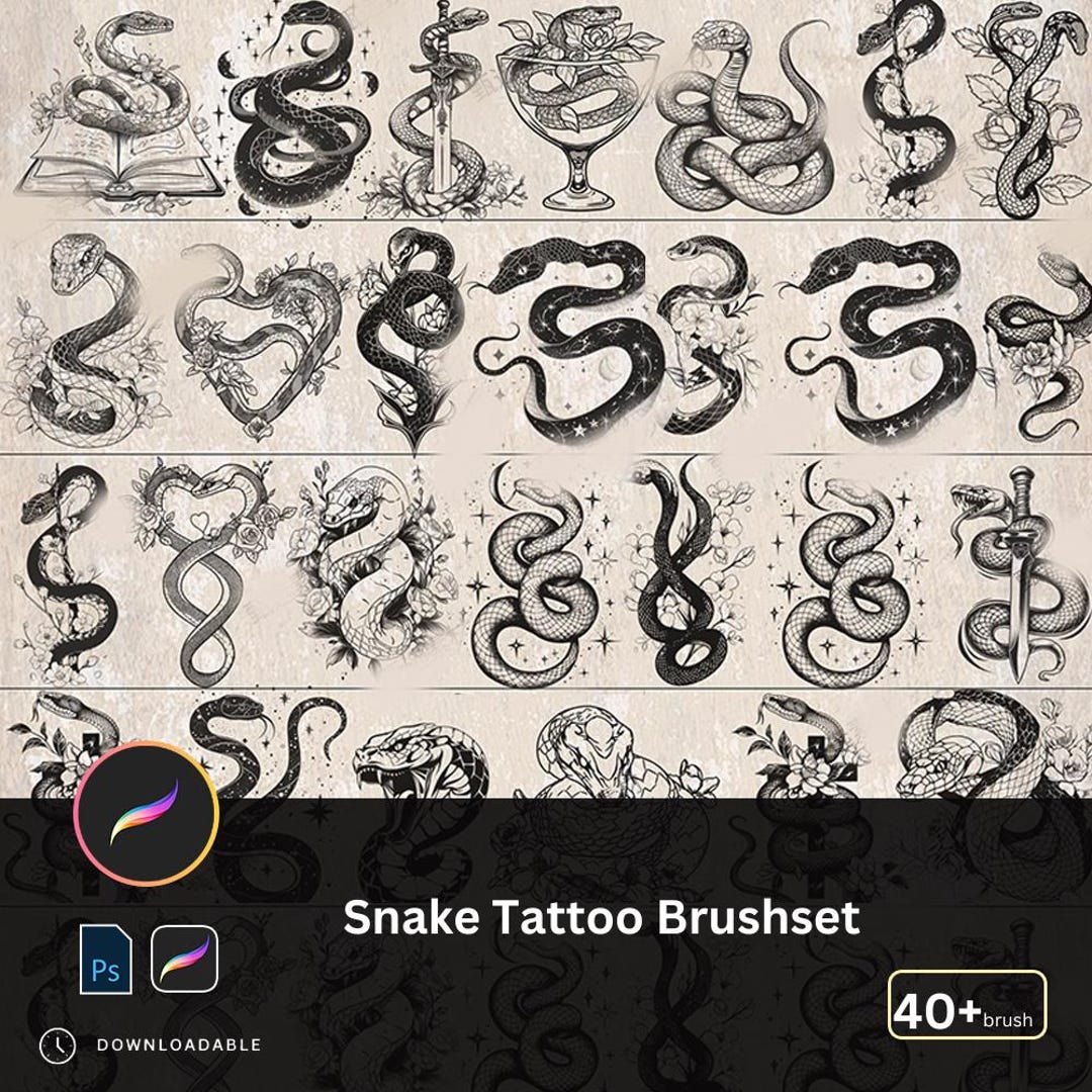 40+ Handdrawn Snake Tattoo Procreate & Photoshop Brushset Comic Style ...