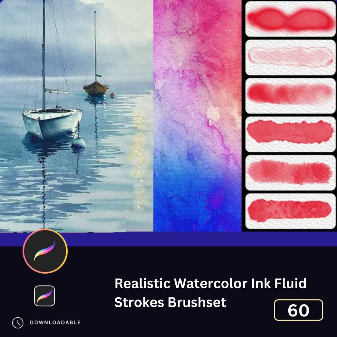 60 Realistic Watercolor Ink Procreate Brush - Hand-painted, Fluid Brush Strokes for Seamless ...