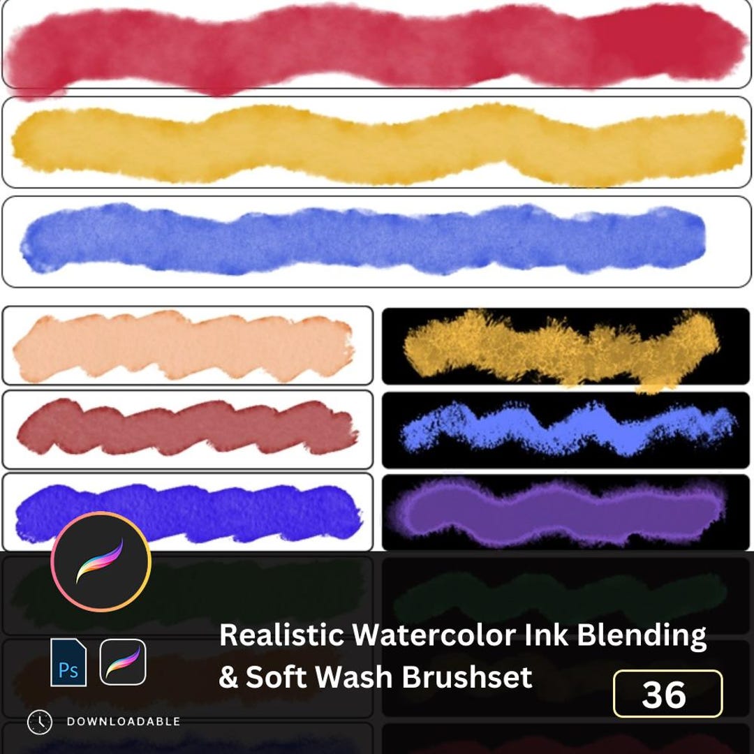 36 Realistic Watercolor Bleed & Ink Wash PS Brush Set: Subtle Water ...