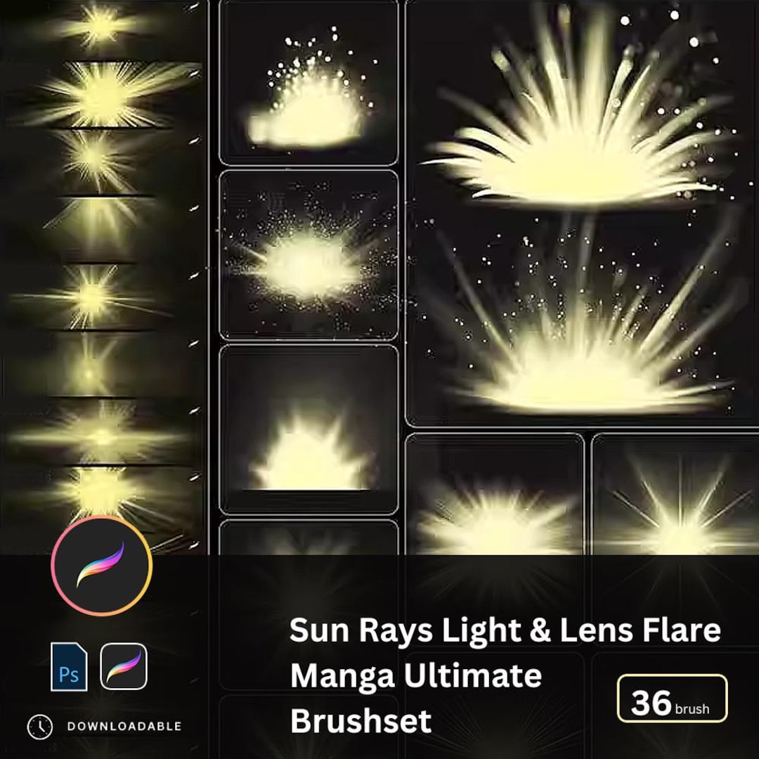 36 Sunlight Rays Procreate Photoshop Brushes, Lens Flare Light Spot ...
