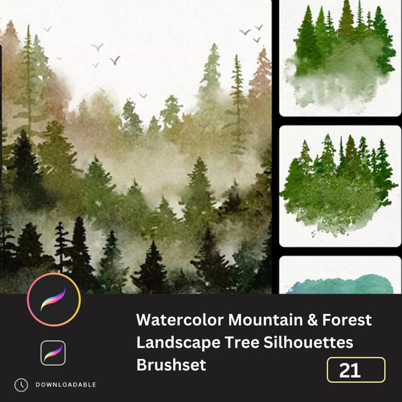 21 Mountain & Forest Landscape Procreate Brushes, High Peak, Tree Silhouette, Pine Fir Trees ...