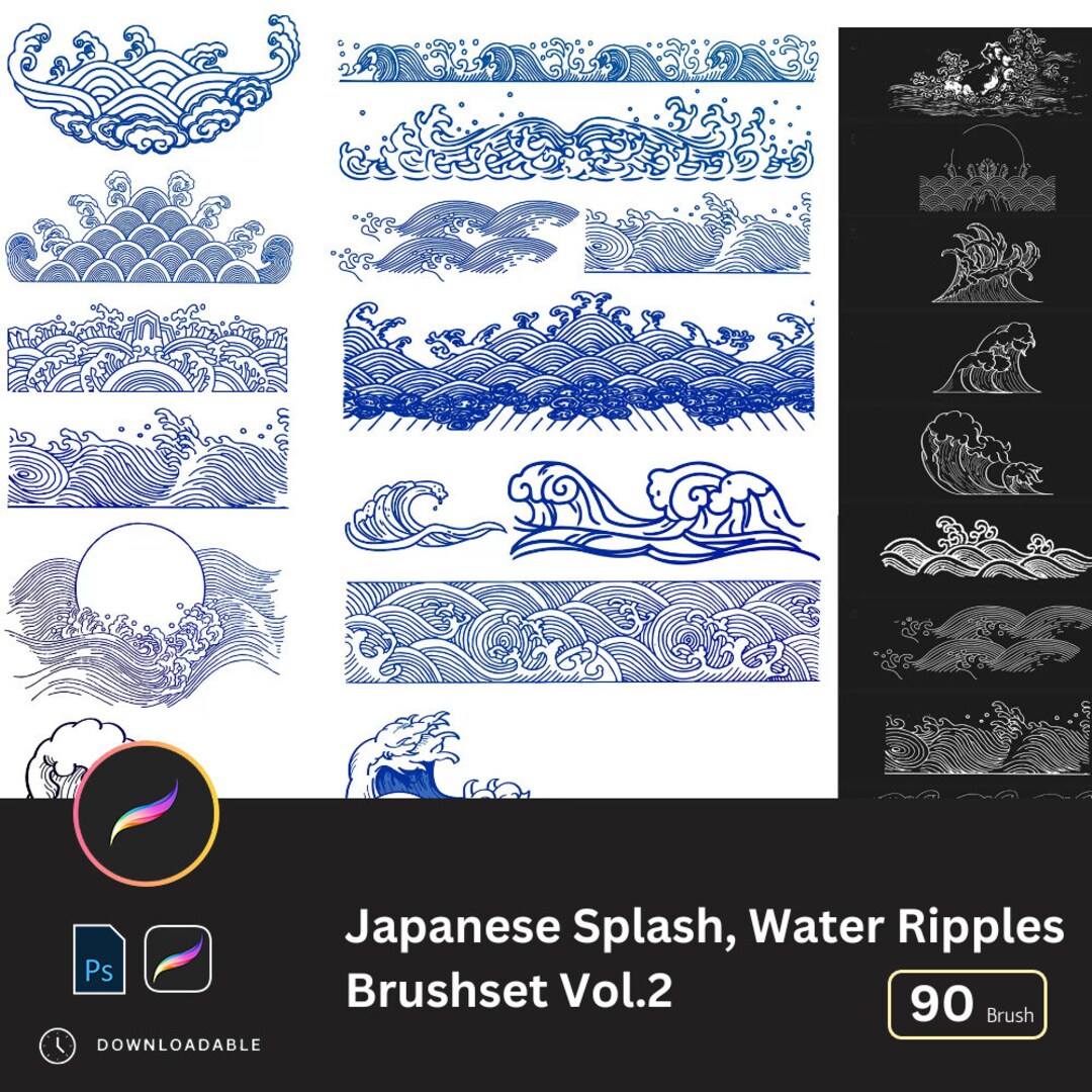 90 Japanese Ocean Wave Pattern Retro Blue Brush Stroke for Photoshop ...