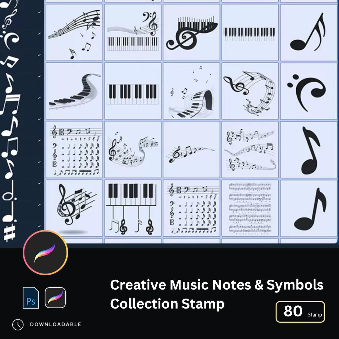 80 Creative Music Notes & Symbols Collection Stamp, Decorative Icon ...