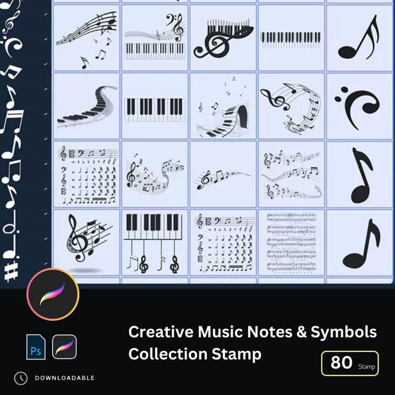 80 Creative Music Notes & Symbols Collection Stamp, Decorative Icon ...