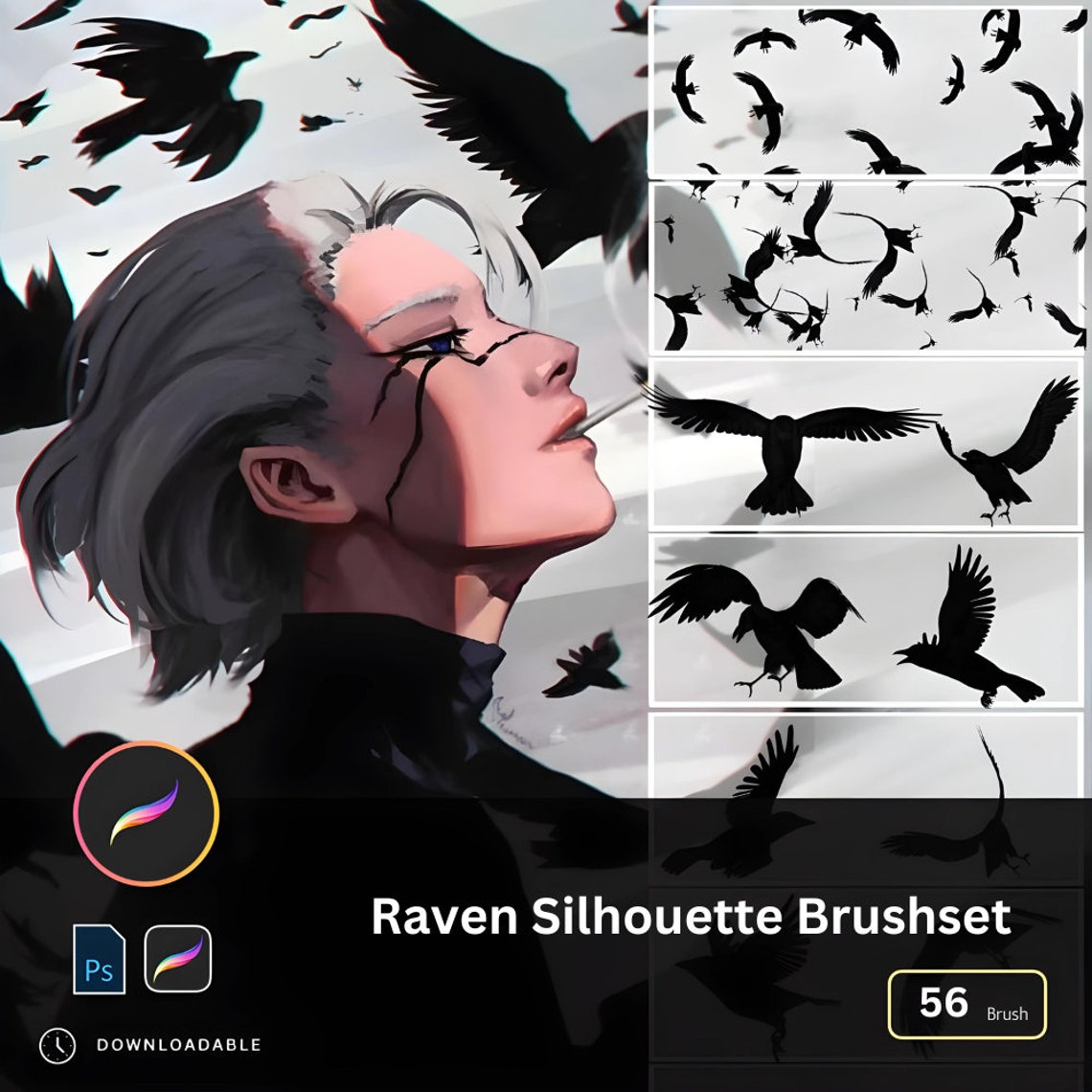 56 Anime Raven Silhouette Brushes for PS & Procreate | Dark Atmosphere ...
