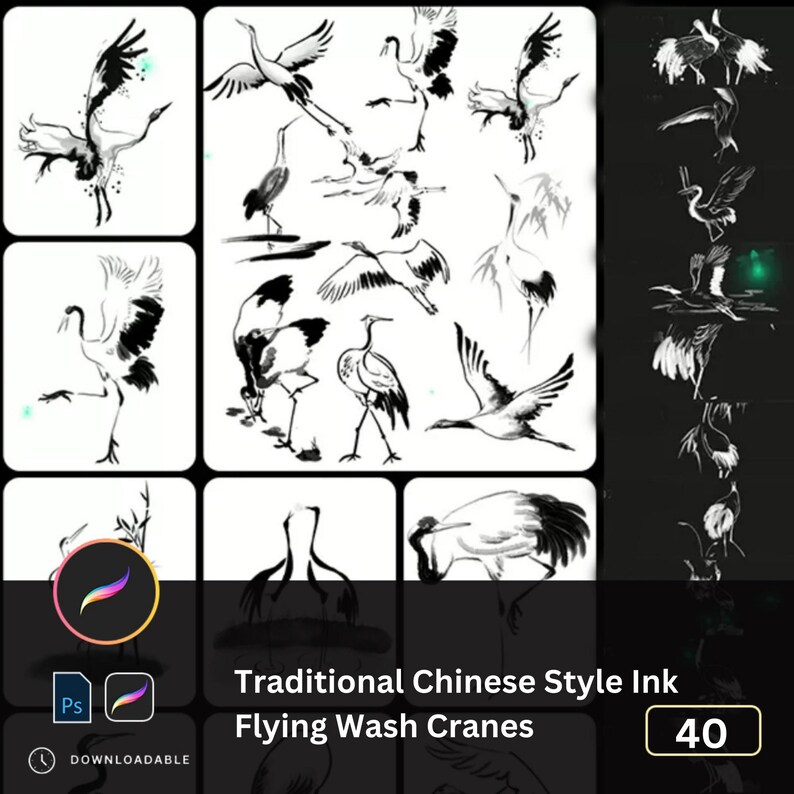 Ink Wash Cranes Procreate & PS Brushset | Traditional Chinese Style ...