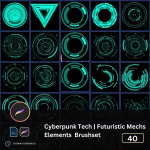 40 Cyberpunk Tech Elements Procreate Stamp | Futuristic Mechs ...