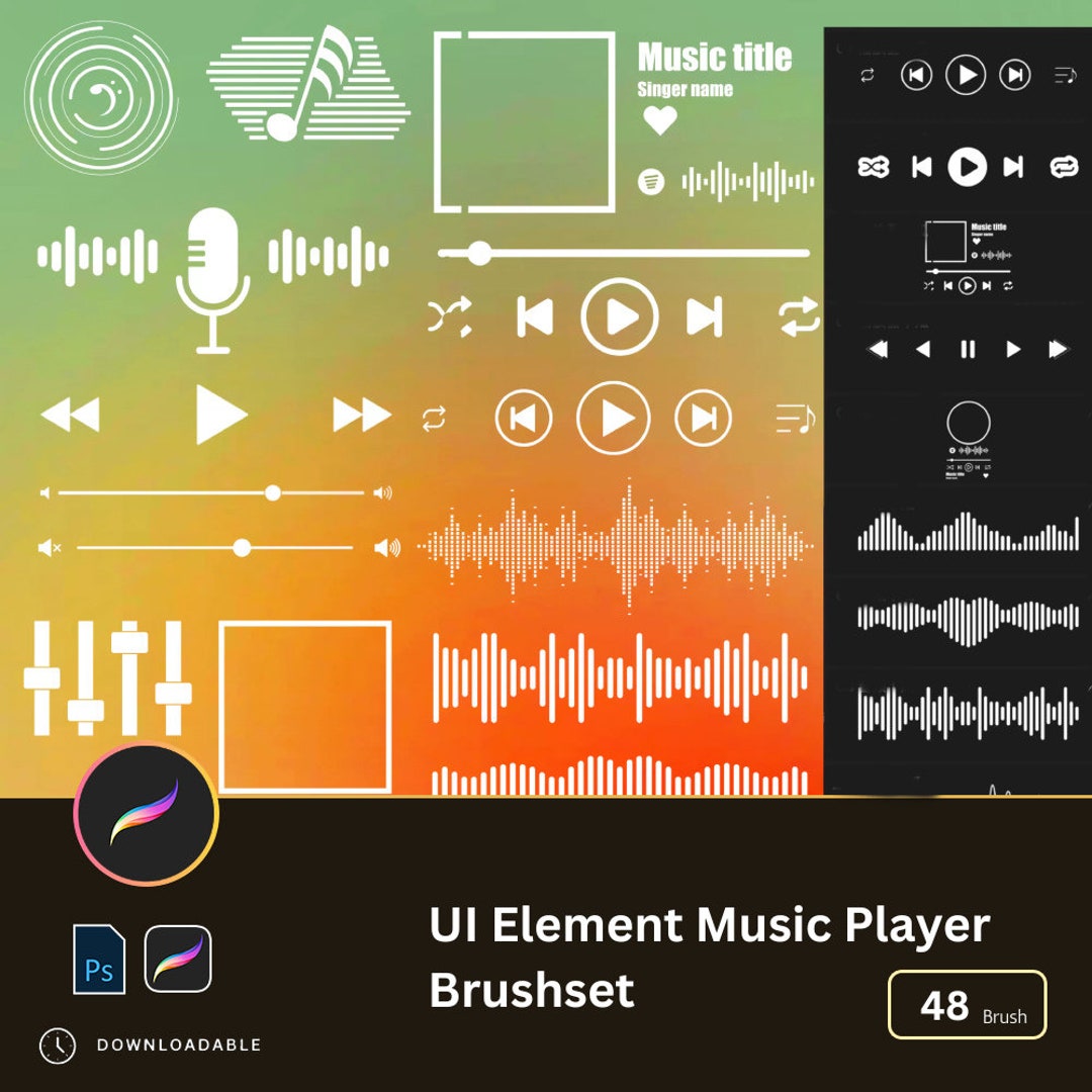 48 Web UI Music Player Brushes for Procreate & Photoshop | Decorative ...