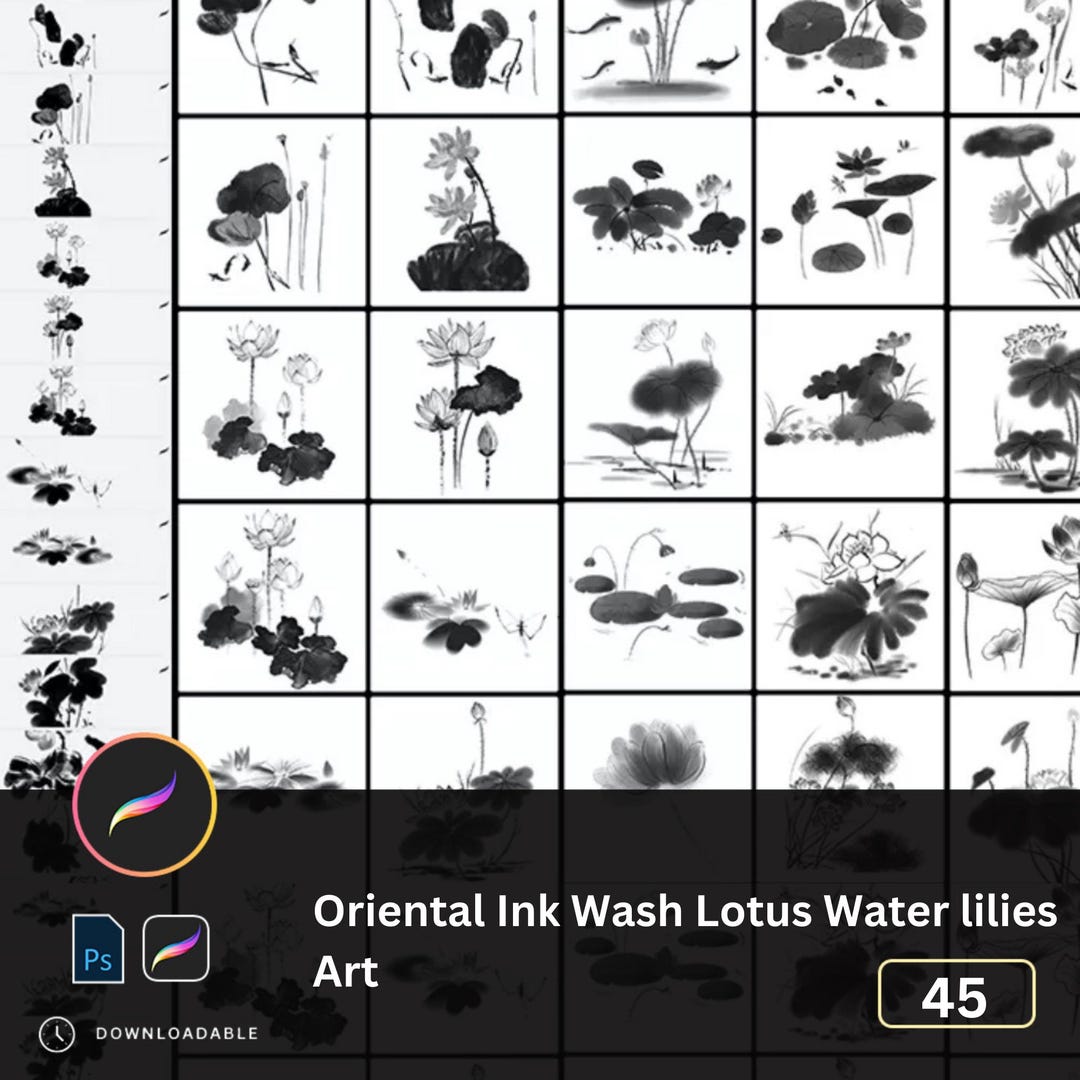 Ink Wash Lotus Art Procreate & PS Brushes | Chinese Floral Designs With ...