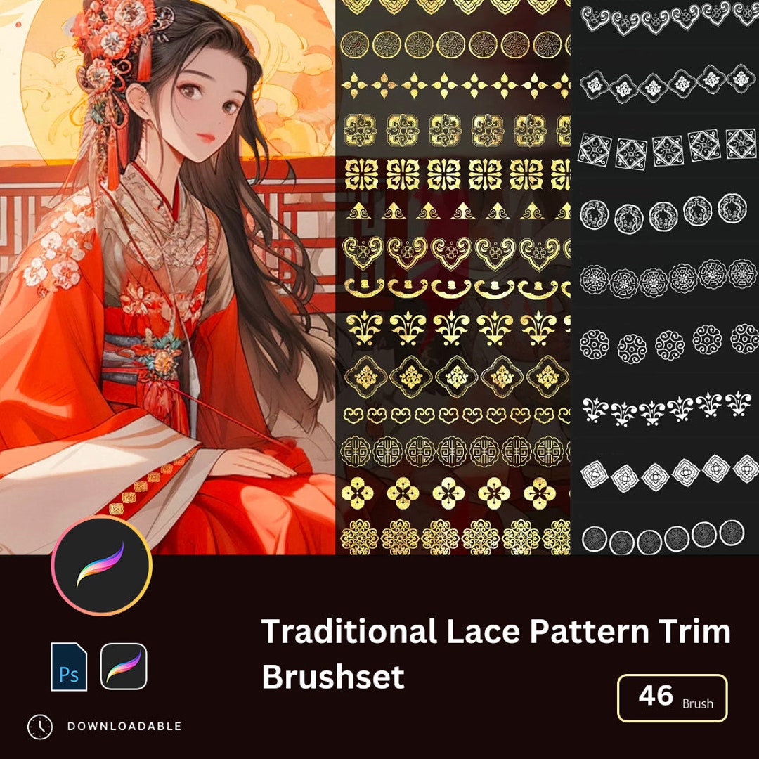 60 Oriental Style Border Trim Pattern Brushes for Photoshop & Procreate ...