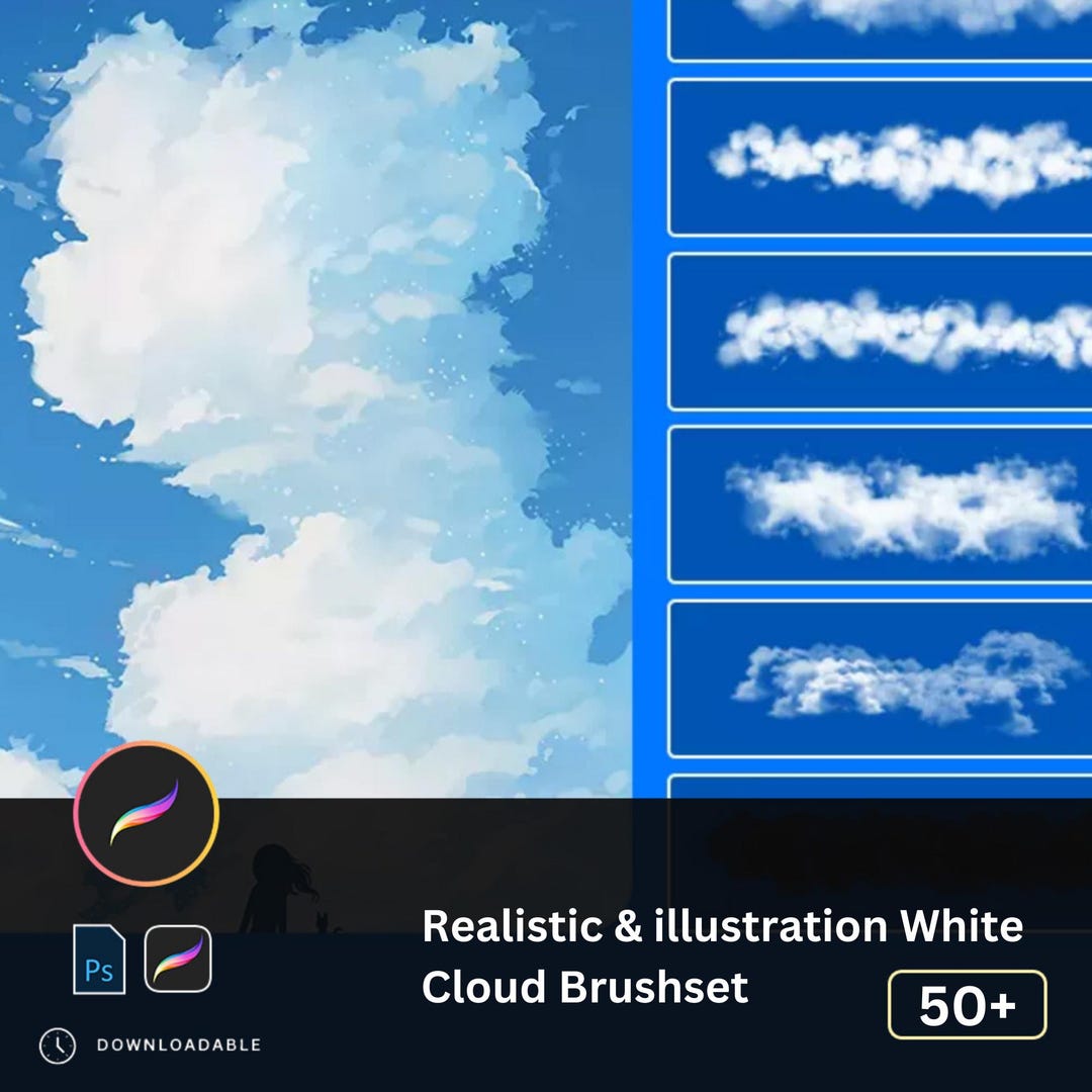 50+ Realistic Cloud Textures Procreate Brushset, Hand-drawn White ...