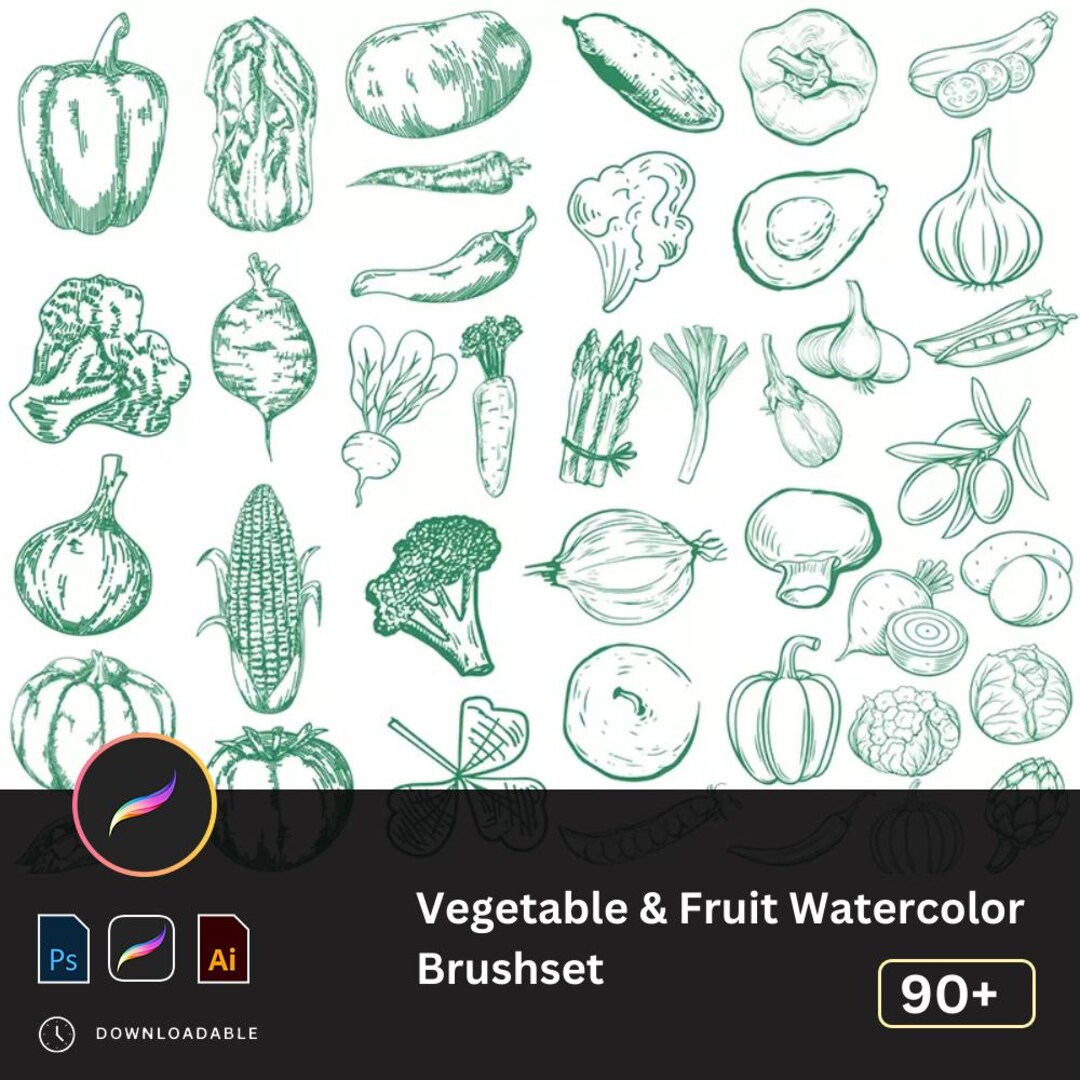 90+ Vegetable & Fruit Line Art Procreate PS Watercolor Brush, Tomato ...