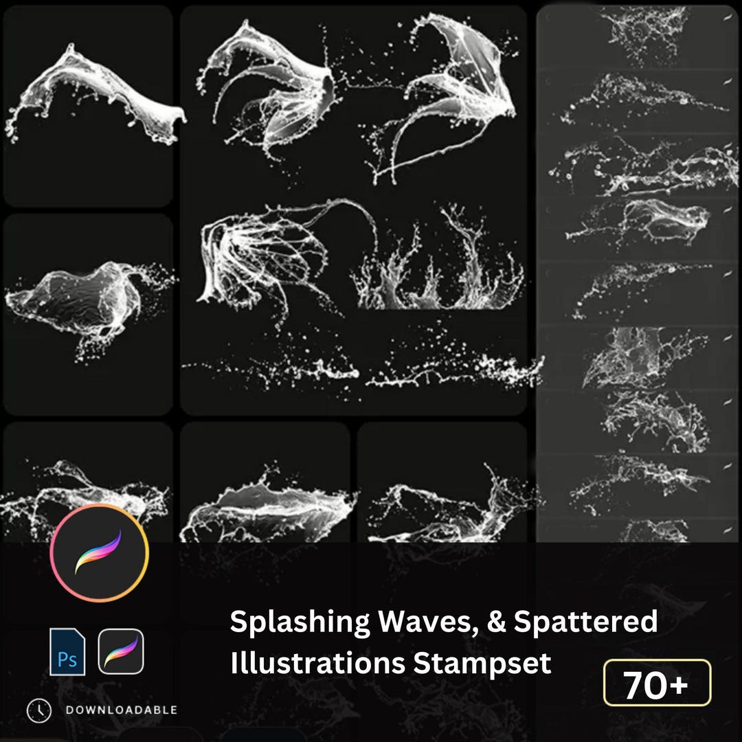 70+ Splash Effects Procreate & PS Brushset | Water Droplets, Splashing Waves, Spattered ...