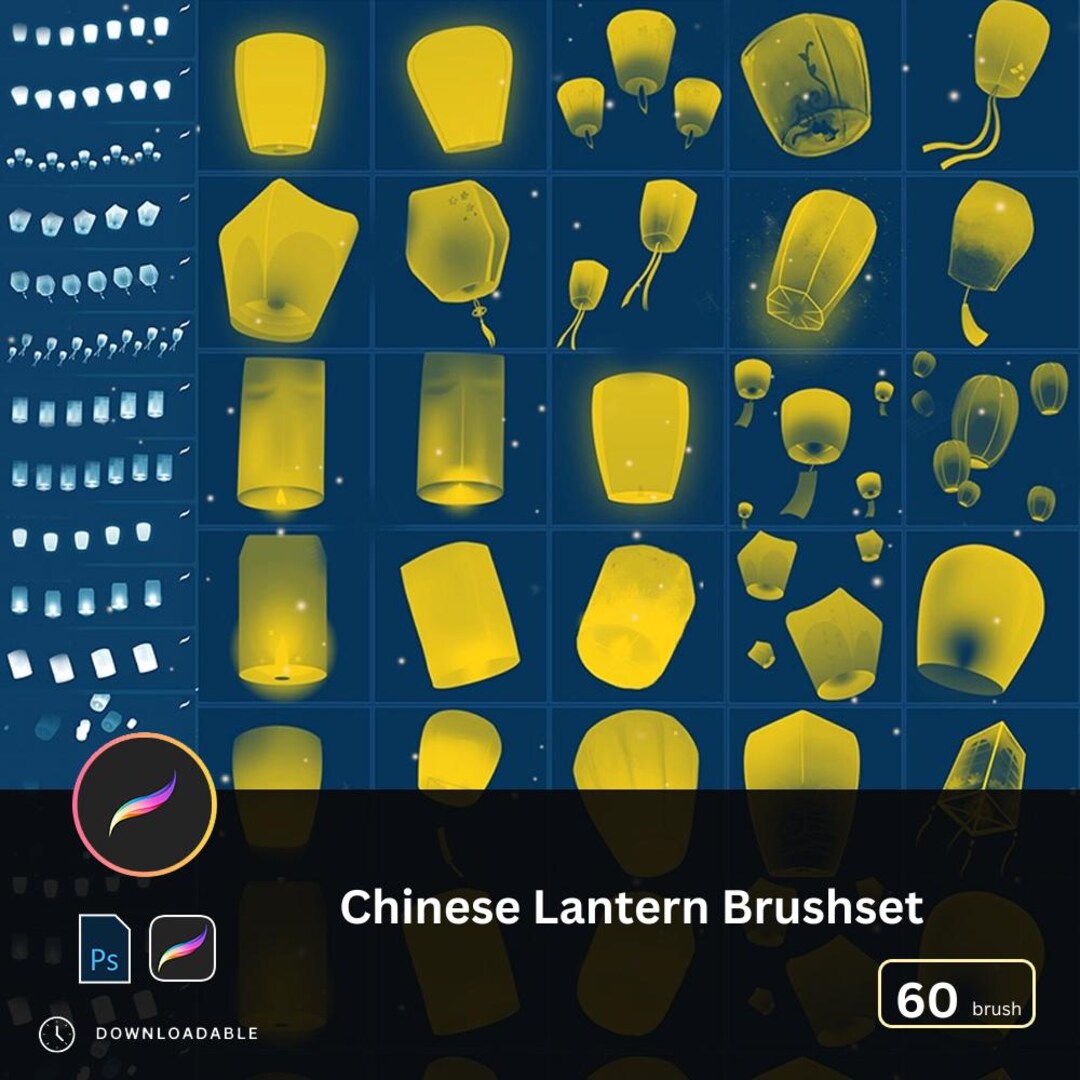 60 Chinese Sky Lantern Procreate & Photoshop Brushset Traditional Lotus ...
