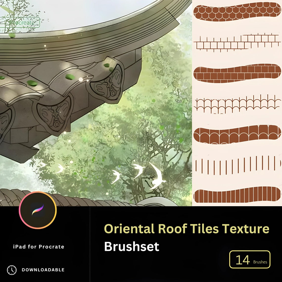 14 Sets Ancient Roof Texture Procreate Brushes, Japanese Roof Texture ...