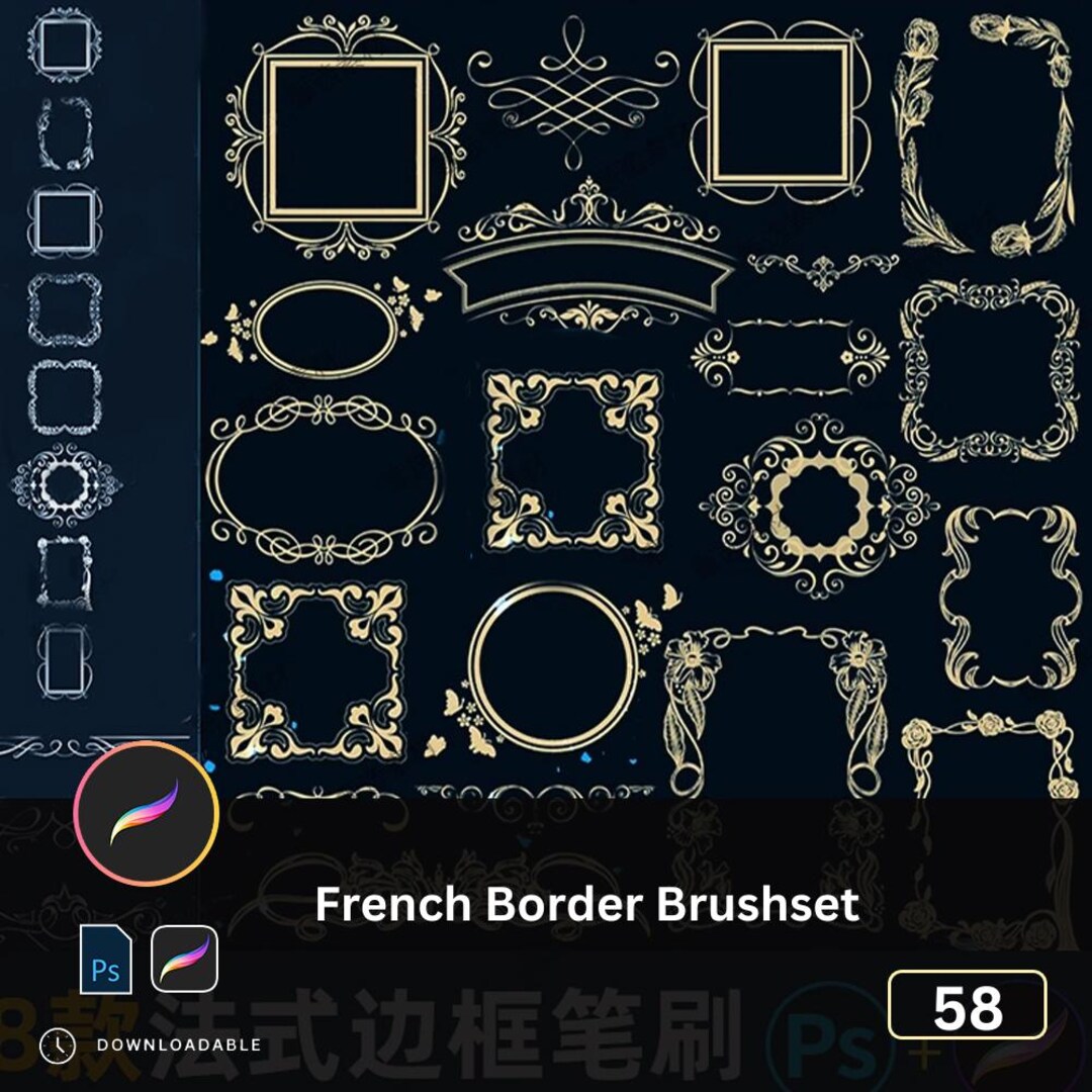 58 Romantic French Borders Procreate & Photoshop Brushset Vintage ...