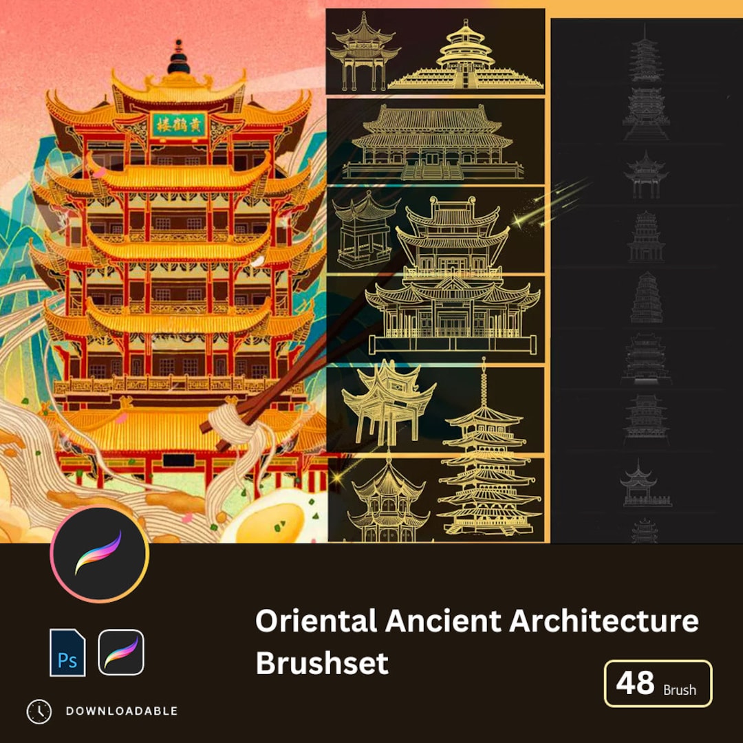 48 Chinese Ancient Buidling Architecture Brushset for Photoshop ...