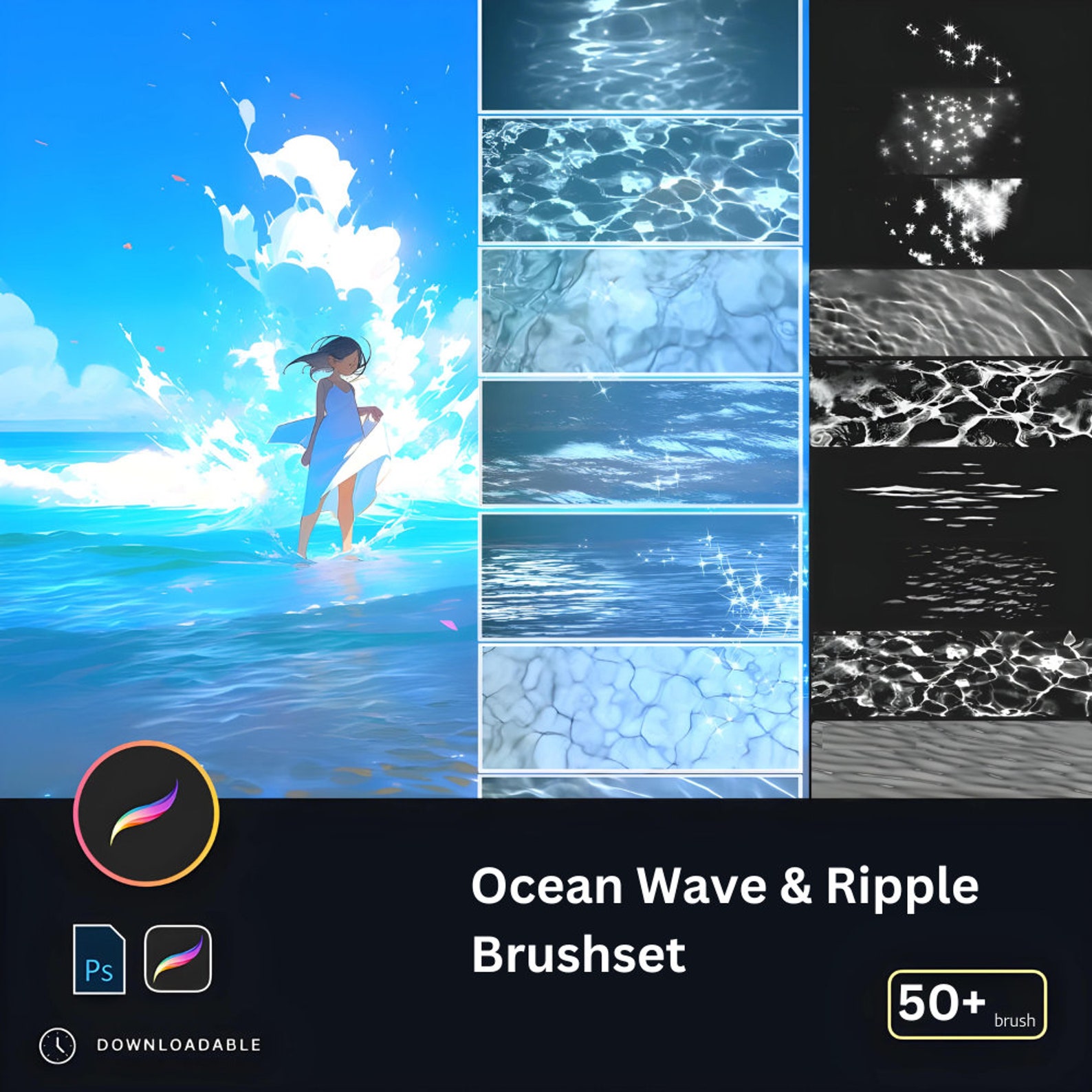 50+ Ocean Wave Ripples Brushes for PS & Procreate | Seawater Texture ...
