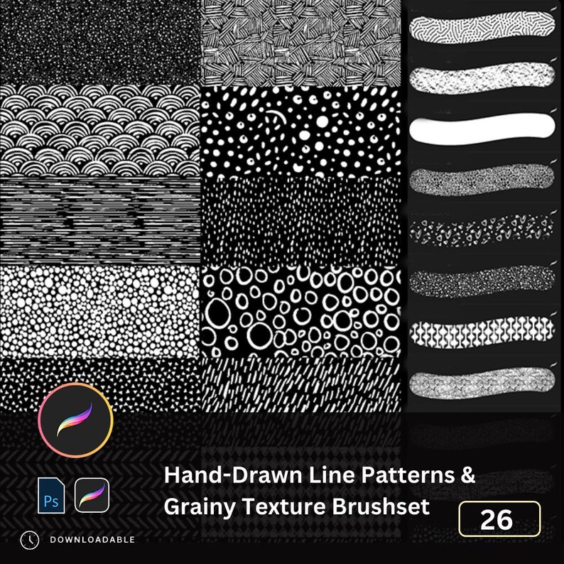 26 Hand-drawn Line and Grain Texture Brushes for Procreate & PS ...