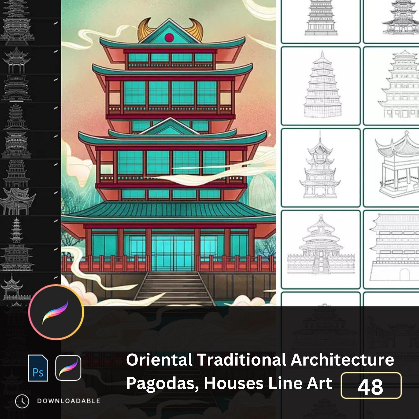 48 Oriental Architecture Line Art Procreate PS Brushes Traditional ...