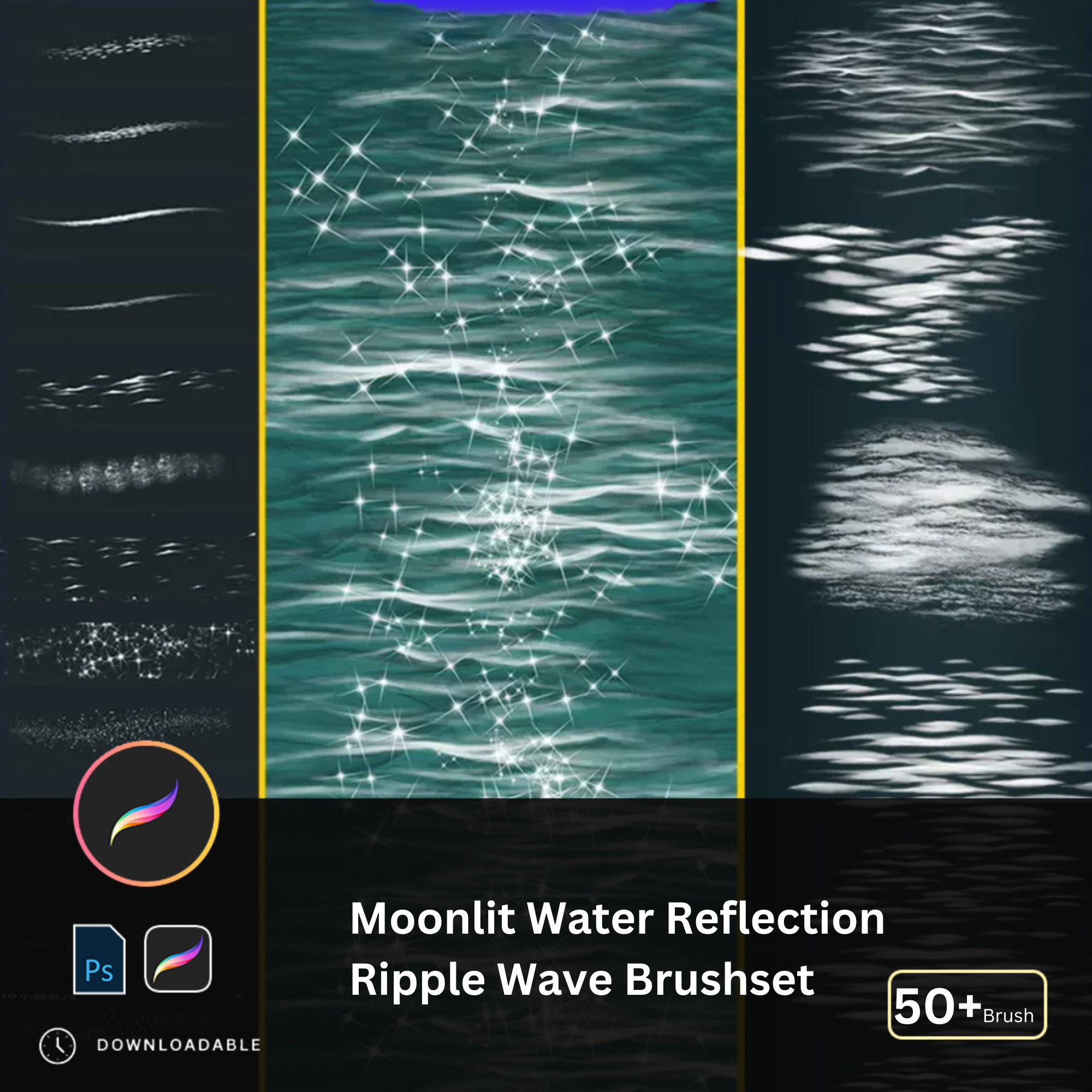 50+ Water Ripple Procreate & Photoshop Brushes | Wave Patterns, Ocean Lake Reflections, Moonlit ...