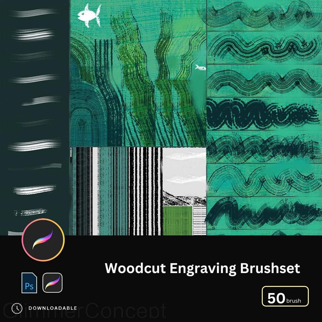 50 Vintage Wood Engraving Brushes for Procreate | Retro Print Texture ...