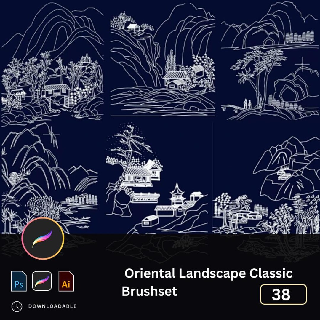 38 Classic Line Art, Landscape Composition Procreate & PS, Oriental ...