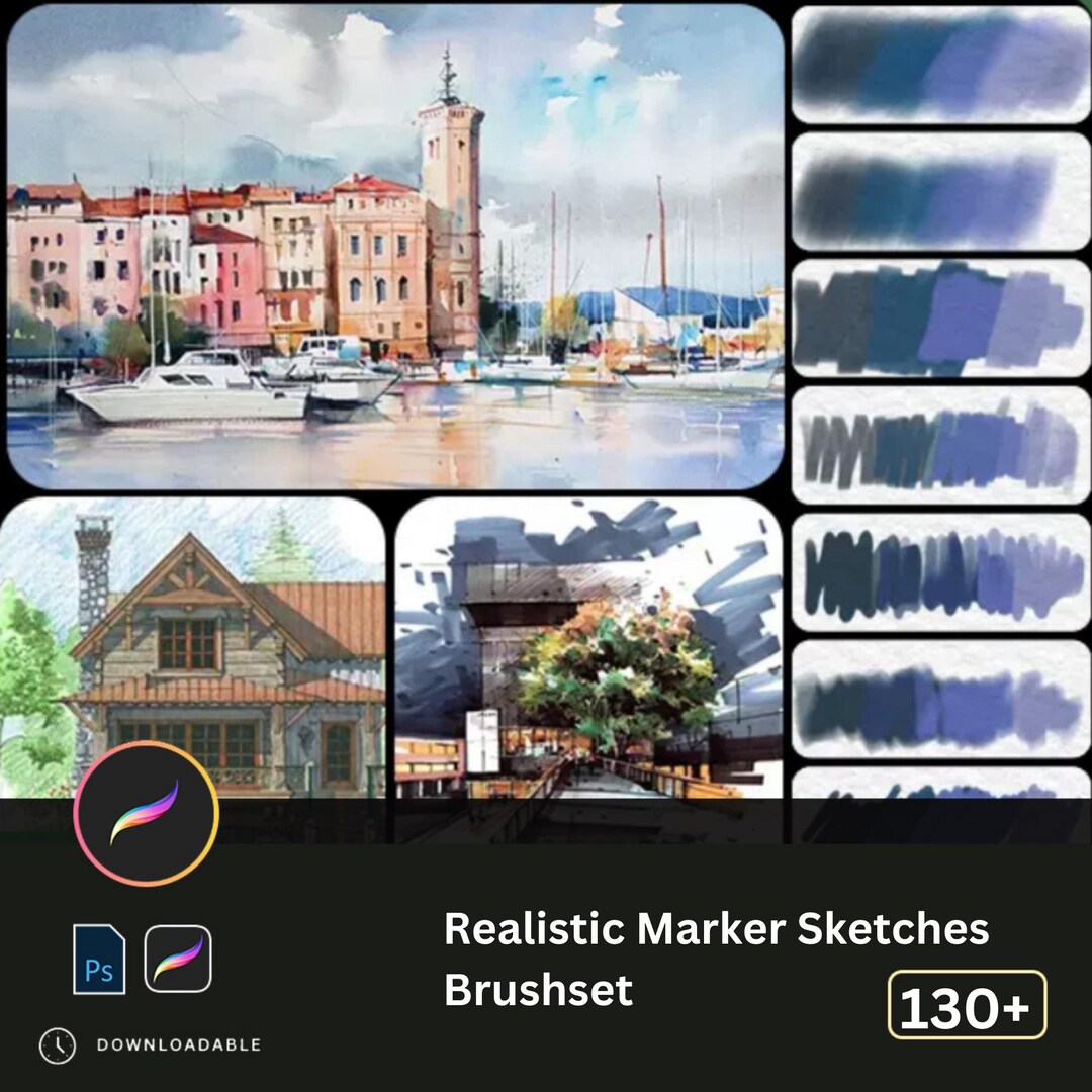 130+ Realistic Marker Sketches Procreate & PS Brusheset | Hand-drawn ...