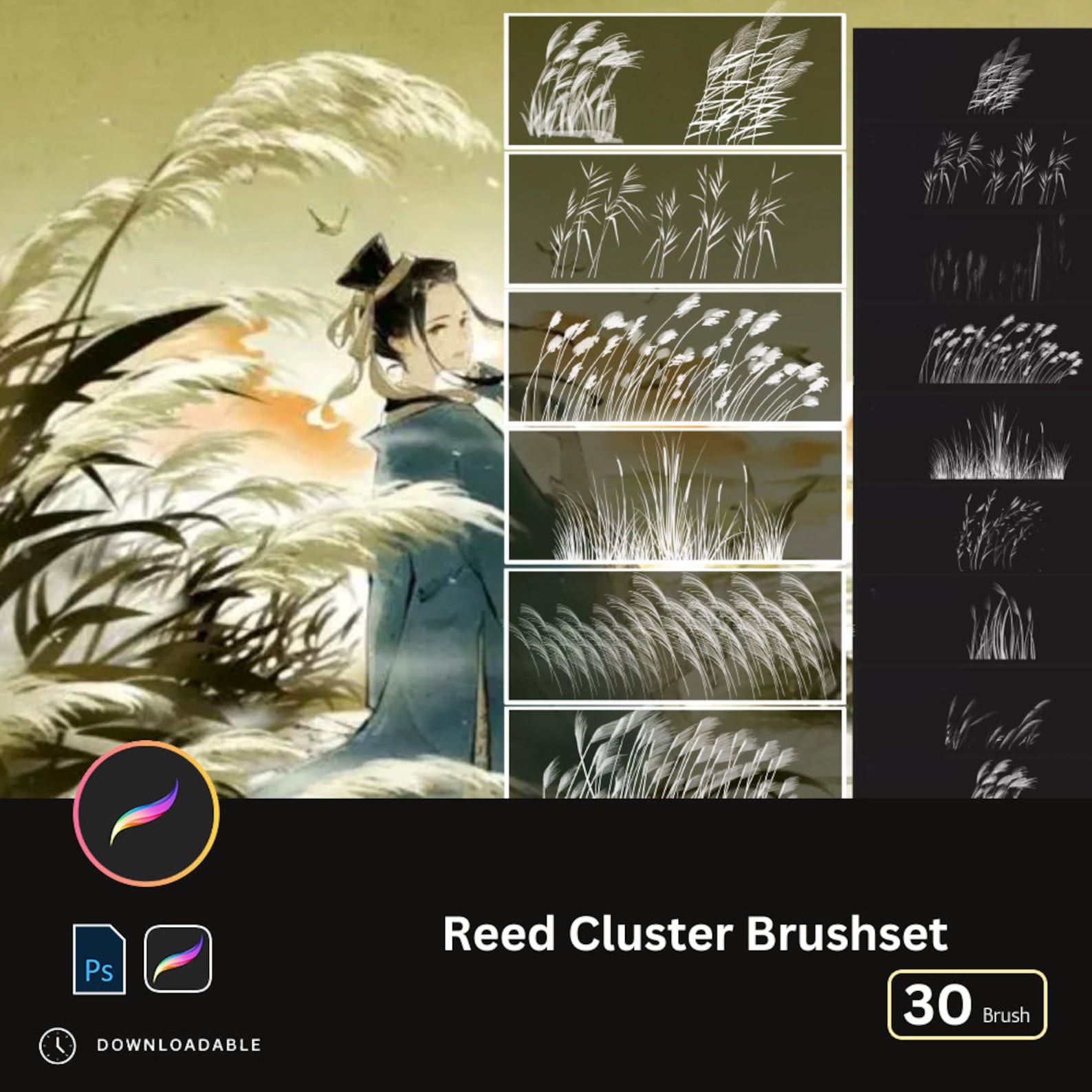 30 Reed Cluster Chinese Wuxia Brushes for Procreate & Photoshop ...
