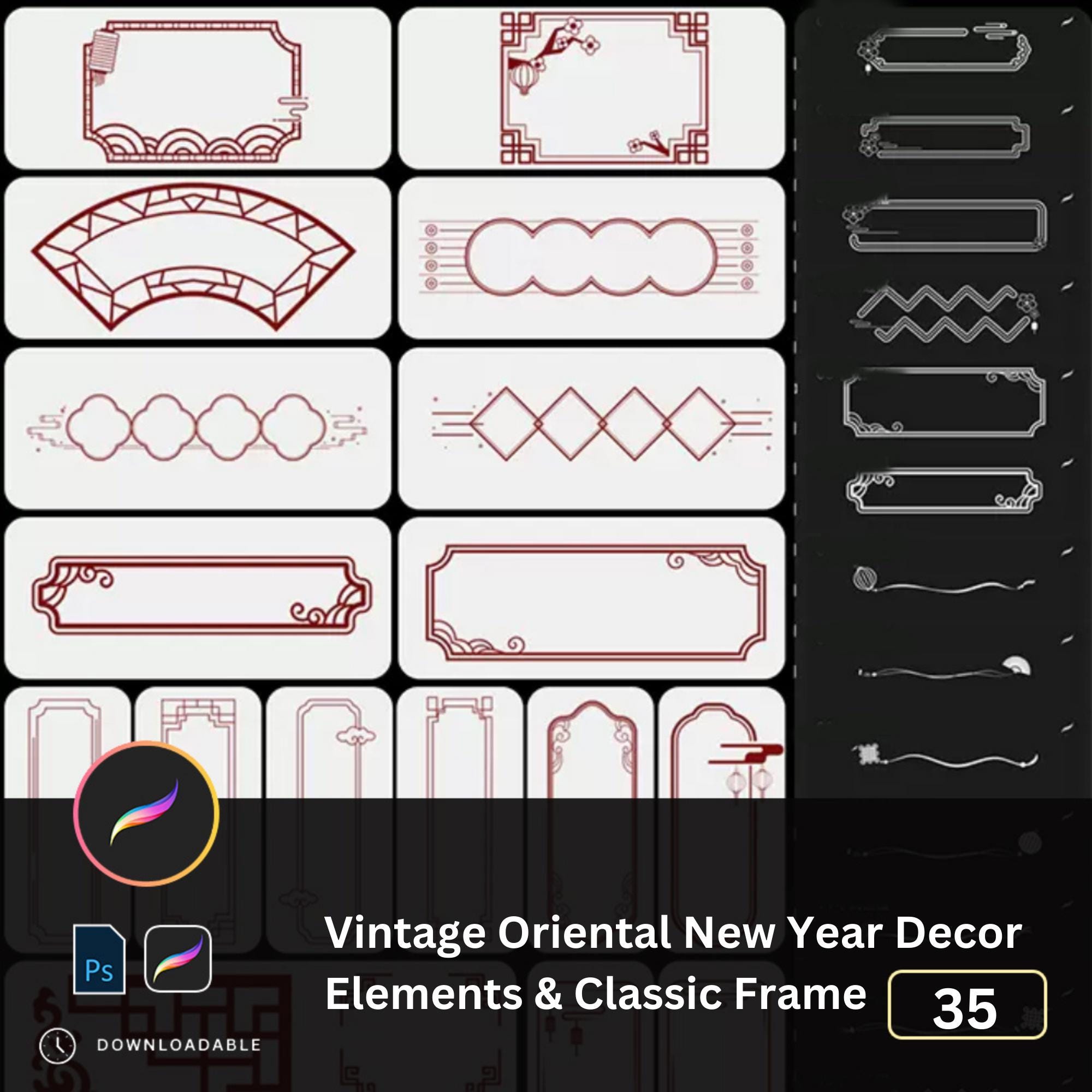 35 Chinese Traditional Window Borders PS & Procreate Brushset| Vintage ...