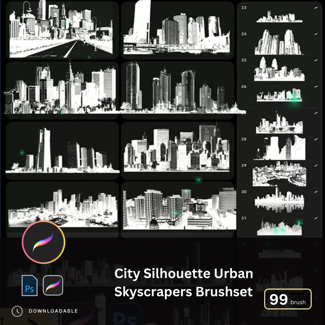 90+ City Silhouette Procreate & Photoshop Brushes | Urban Skyscrapers, Business Tech Building ...