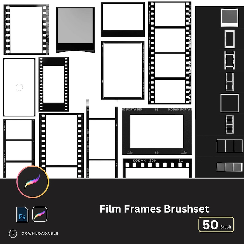 50 Film Frames Brushes for Photoshop & Procreate | Camera Film Rolls ...