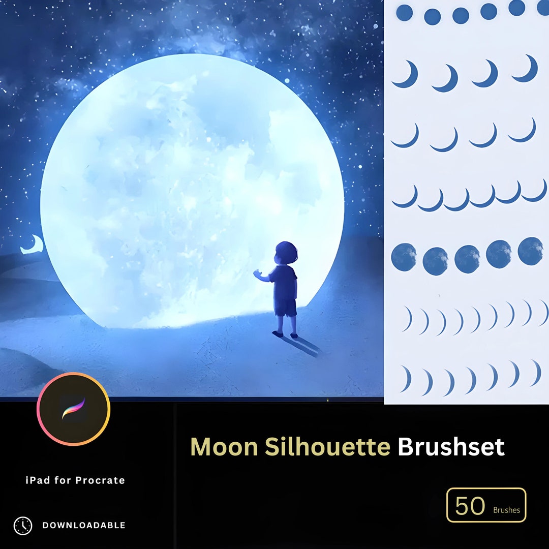 50 Fantasy Moon Procreate Brush Silhouette Illustration Glowing Japnese ...