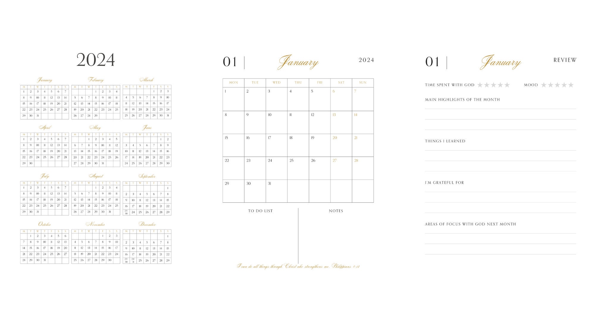 2024 Christian Monthly Planner Printable Monthly Calendar Chic Gold ...