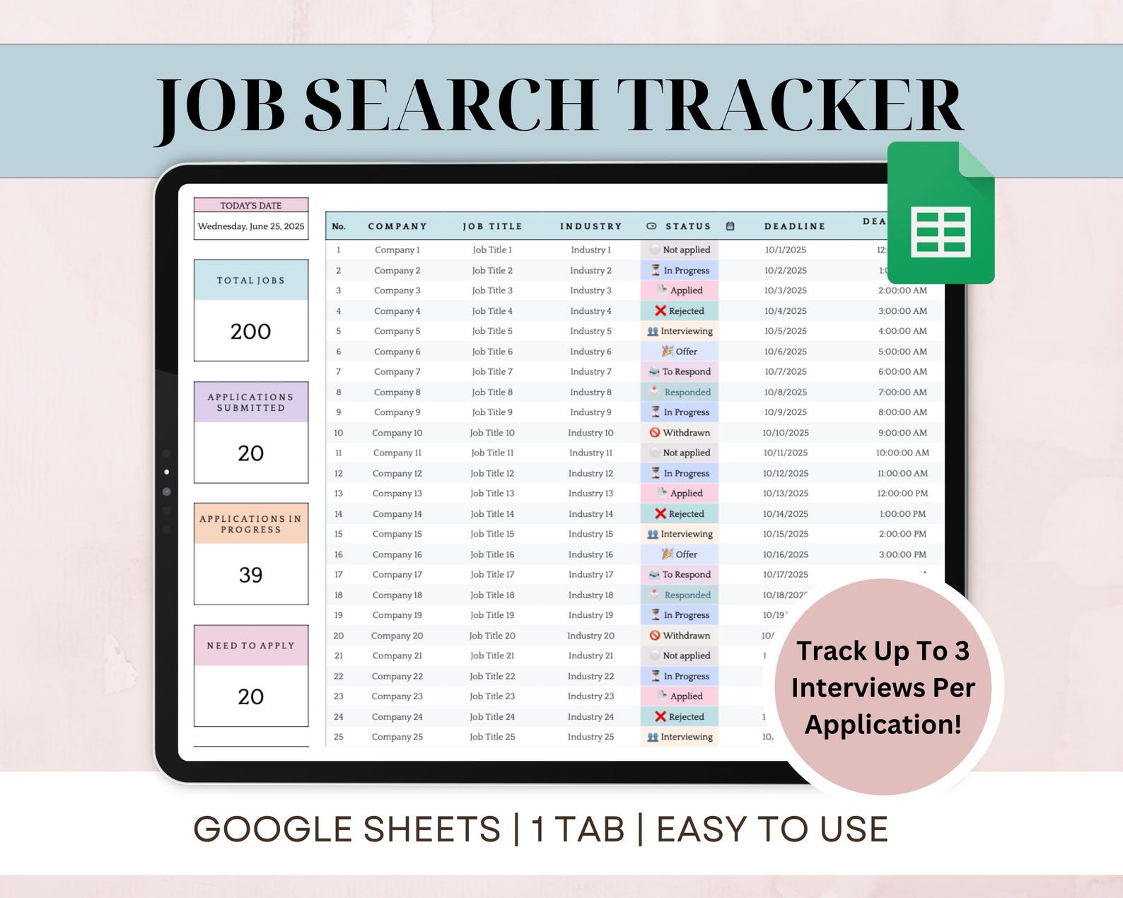 Job Application Tracker Google Sheets Job Planner Interview Job Search ...