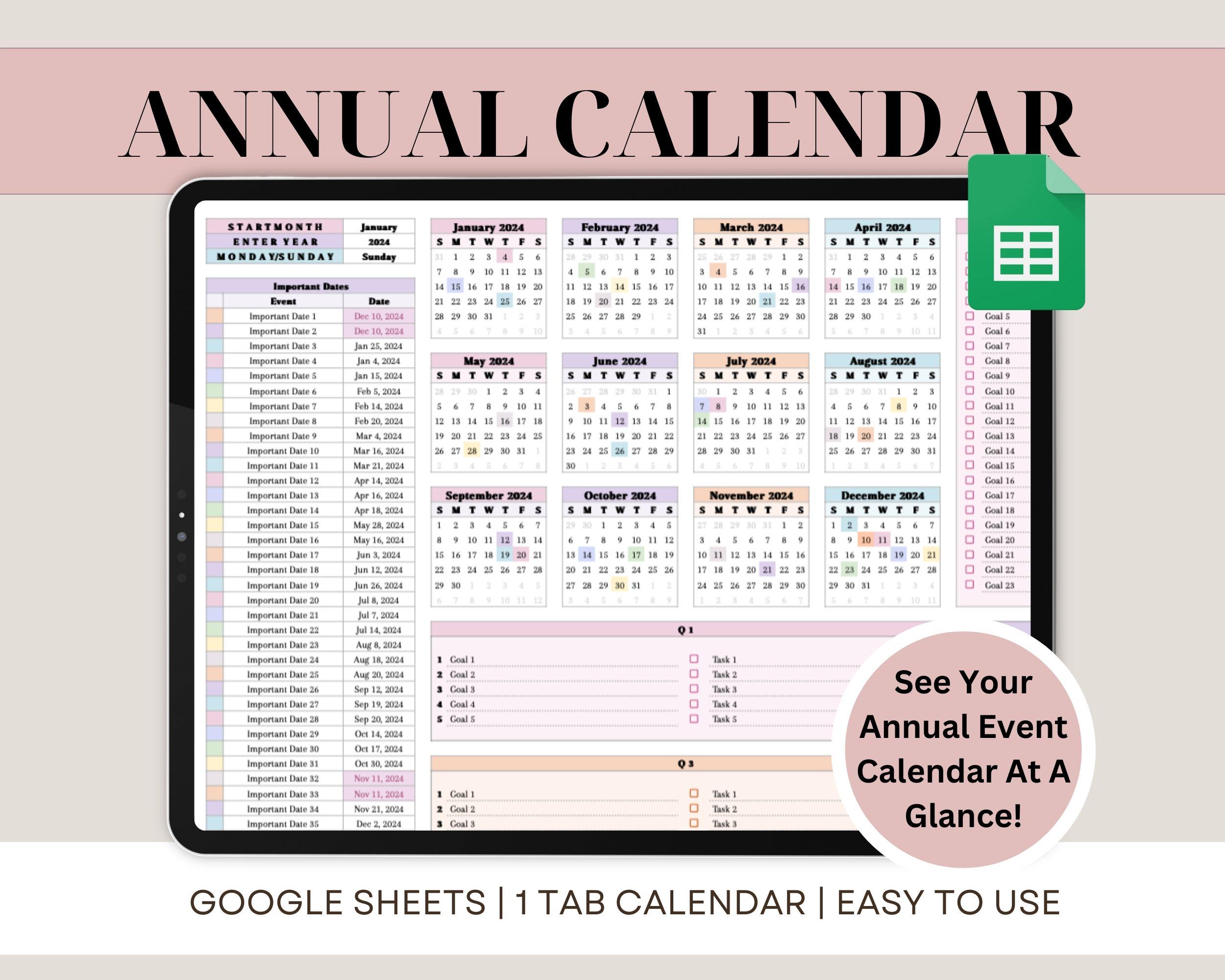 Yearly Calendar Spreadsheet Google Sheets Annual Schedule to Do List ...