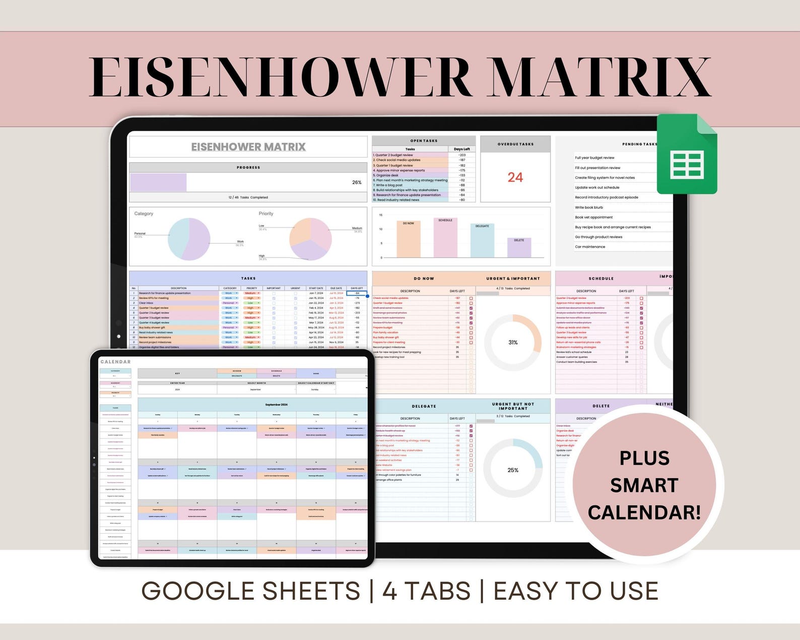 Eisenhower Matrix Google Sheets Spreadsheet Smart Calendar Priority ...