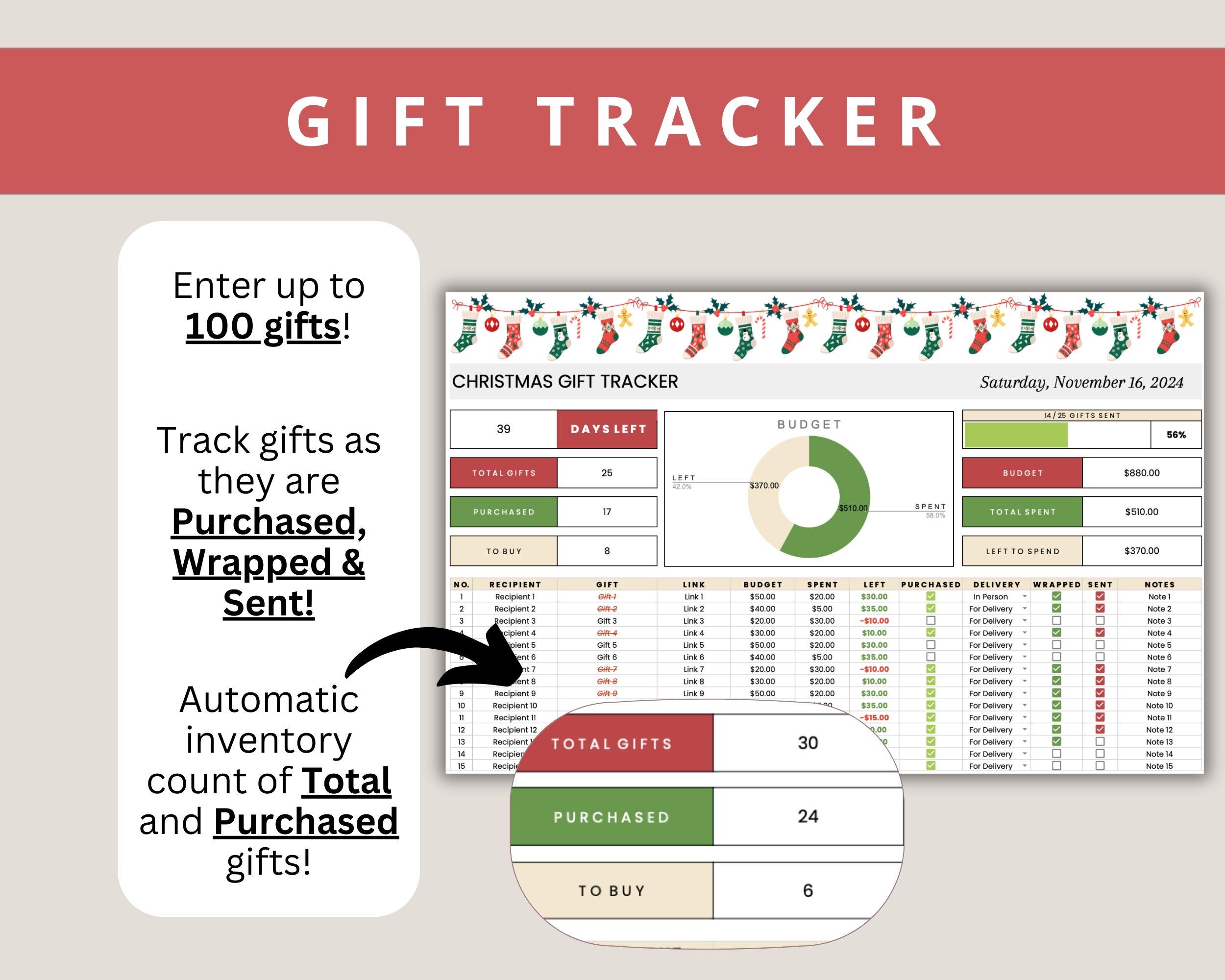 Christmas Gift Tracker Google Sheets Spreadsheet Xmas Budget Planner ...