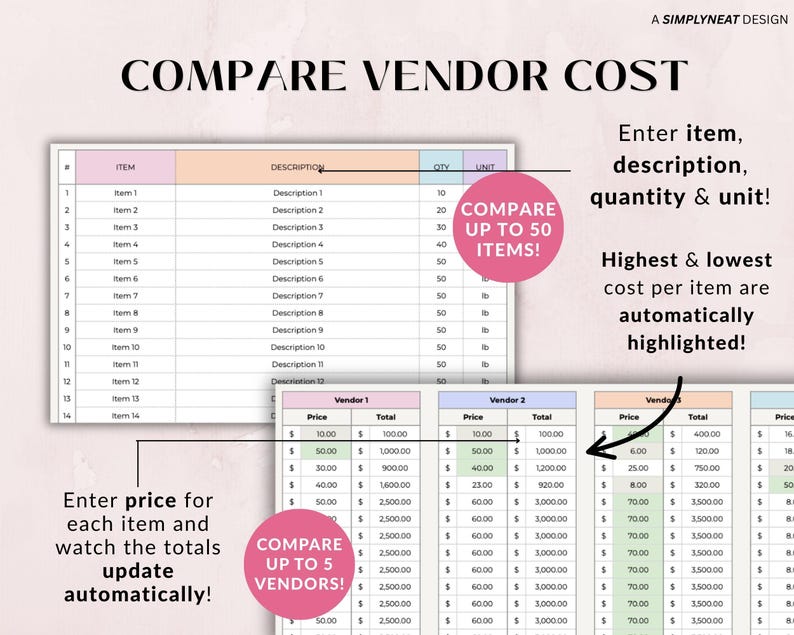 Vendor Comparison Spreadsheet Google Sheets Cost Analysis Tool Price ...