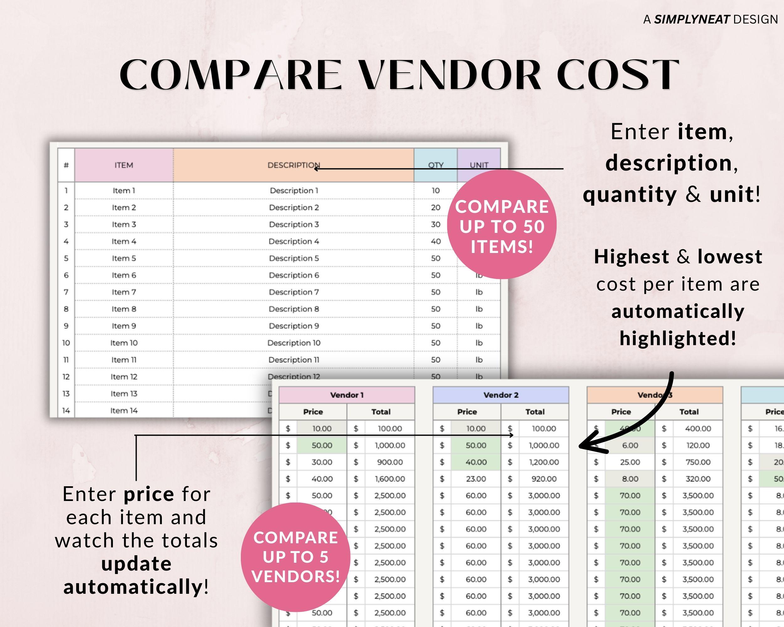 Vendor Comparison Spreadsheet Google Sheets Cost Analysis Tool Price ...