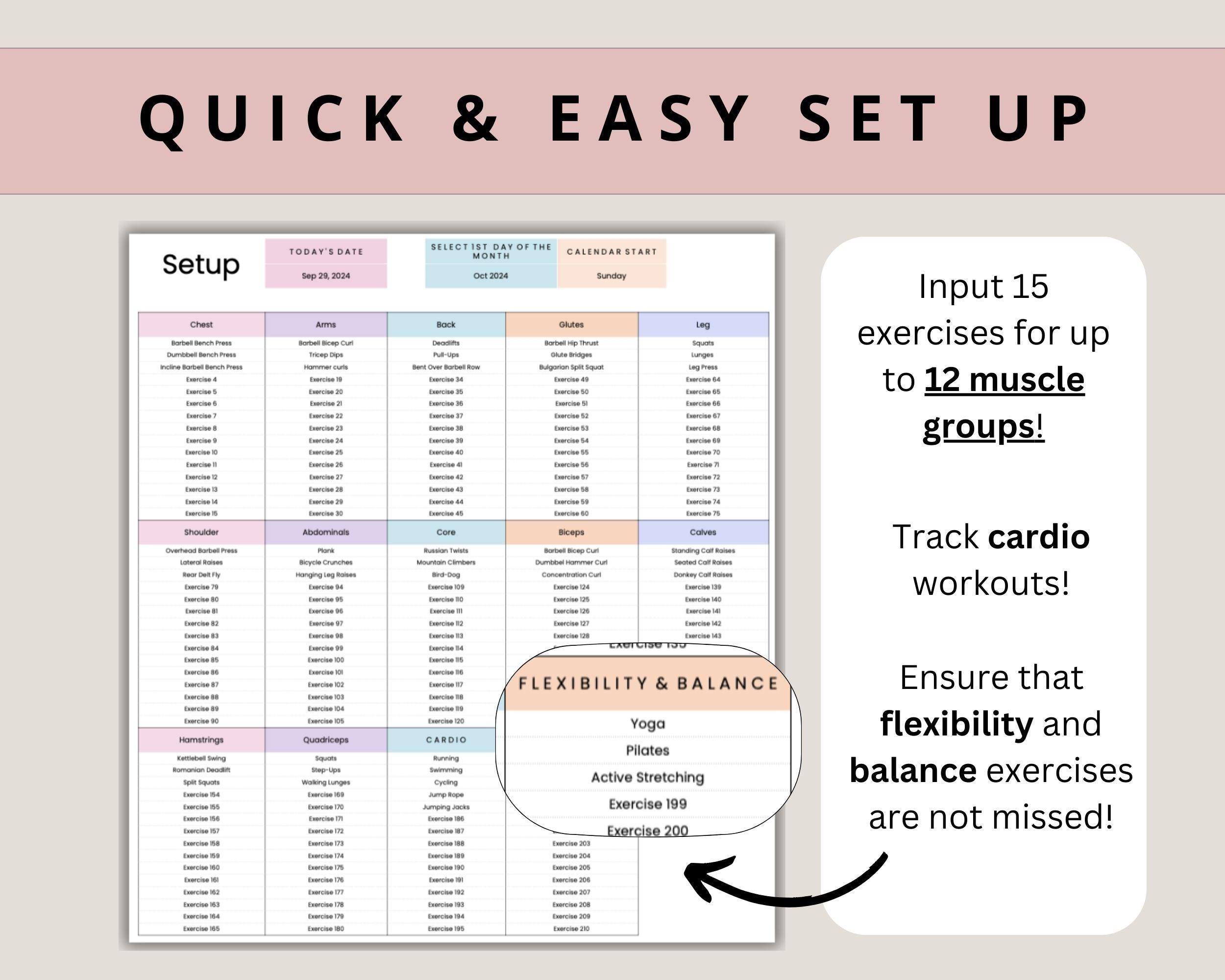 Workout Planner Google Sheets Spreadsheet Exercise Tracker Fitness Gym ...
