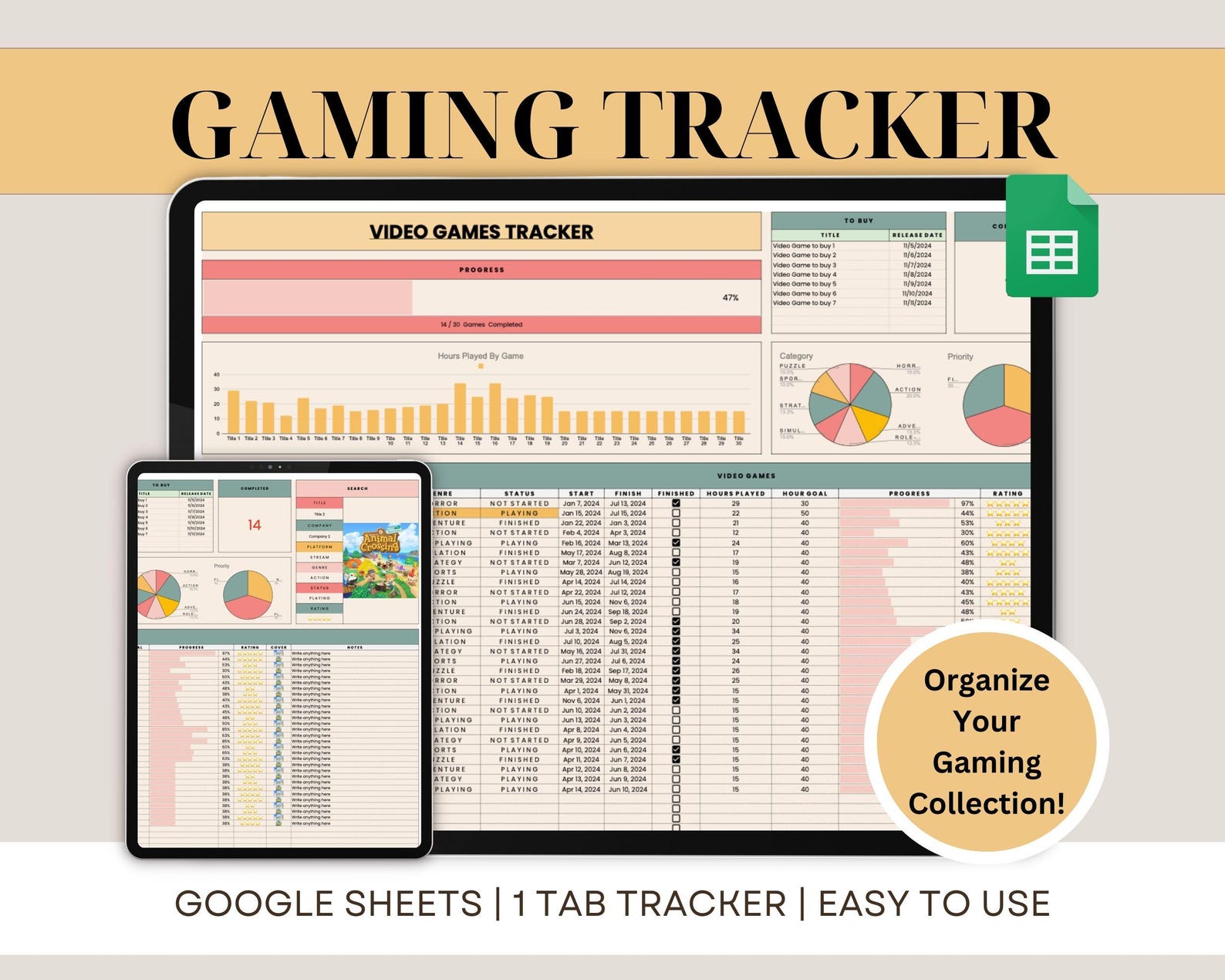 Gaming Tracker Google Sheets Video Game Log Spreadsheet Gaming Planner ...