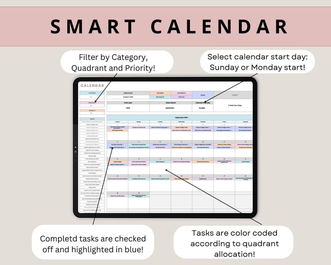 Eisenhower Matrix Google Sheets Spreadsheet Smart Calendar Priority ...