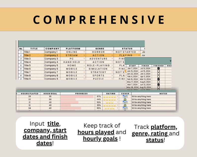Gaming Tracker Google Sheets Video Game Log Spreadsheet Gaming Planner ...