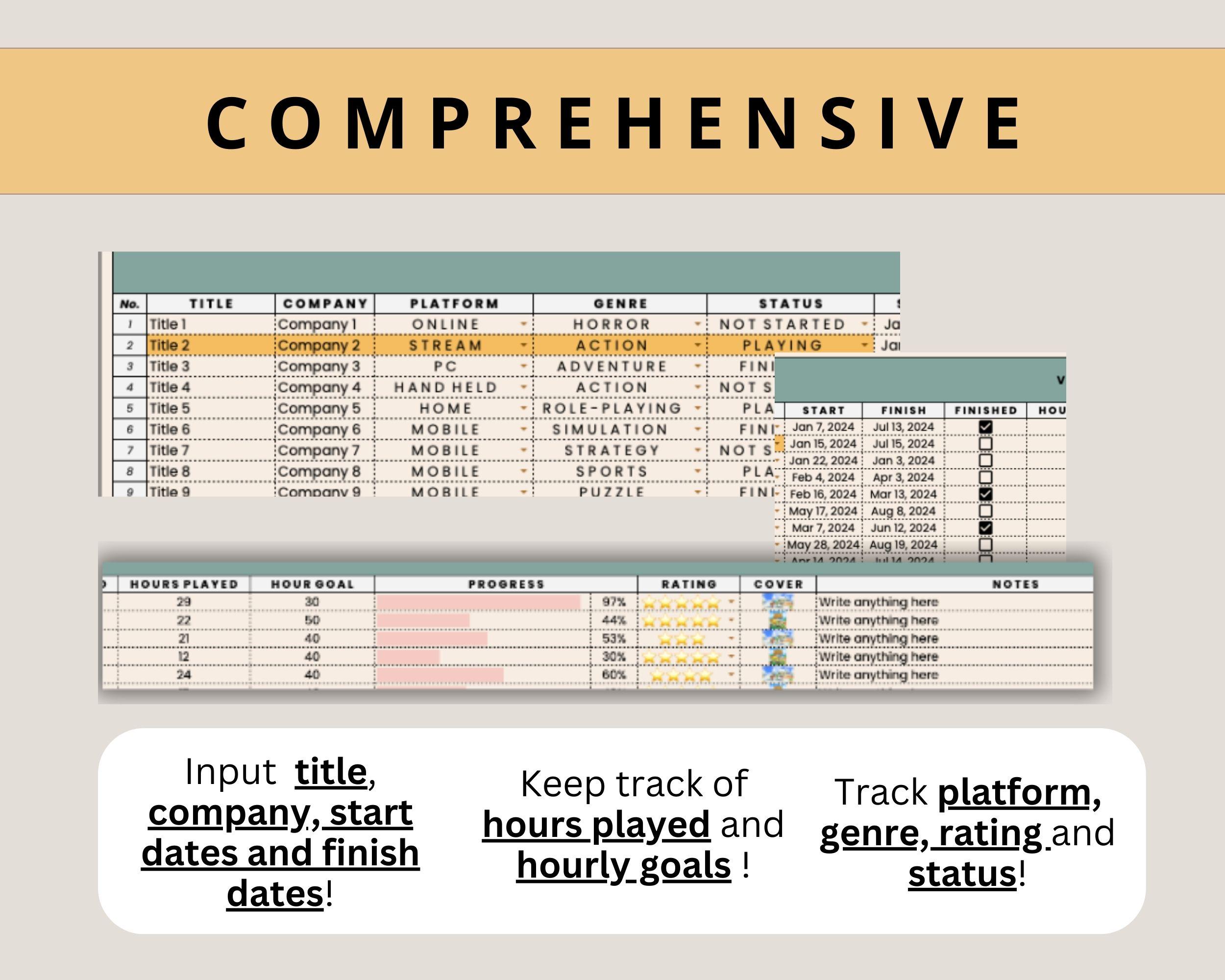 Gaming Tracker Google Sheets Video Game Log Spreadsheet Gaming Planner ...