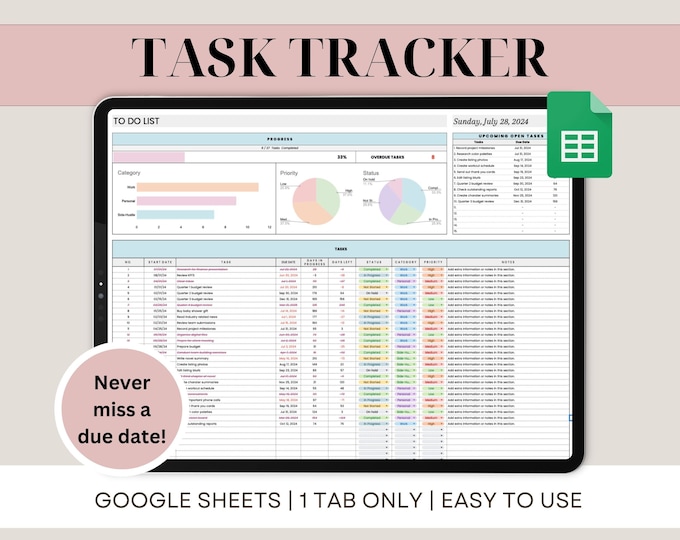 Task Tracker Spreadsheet Template, Task Management Google Sheets, To-do List Productivity ...