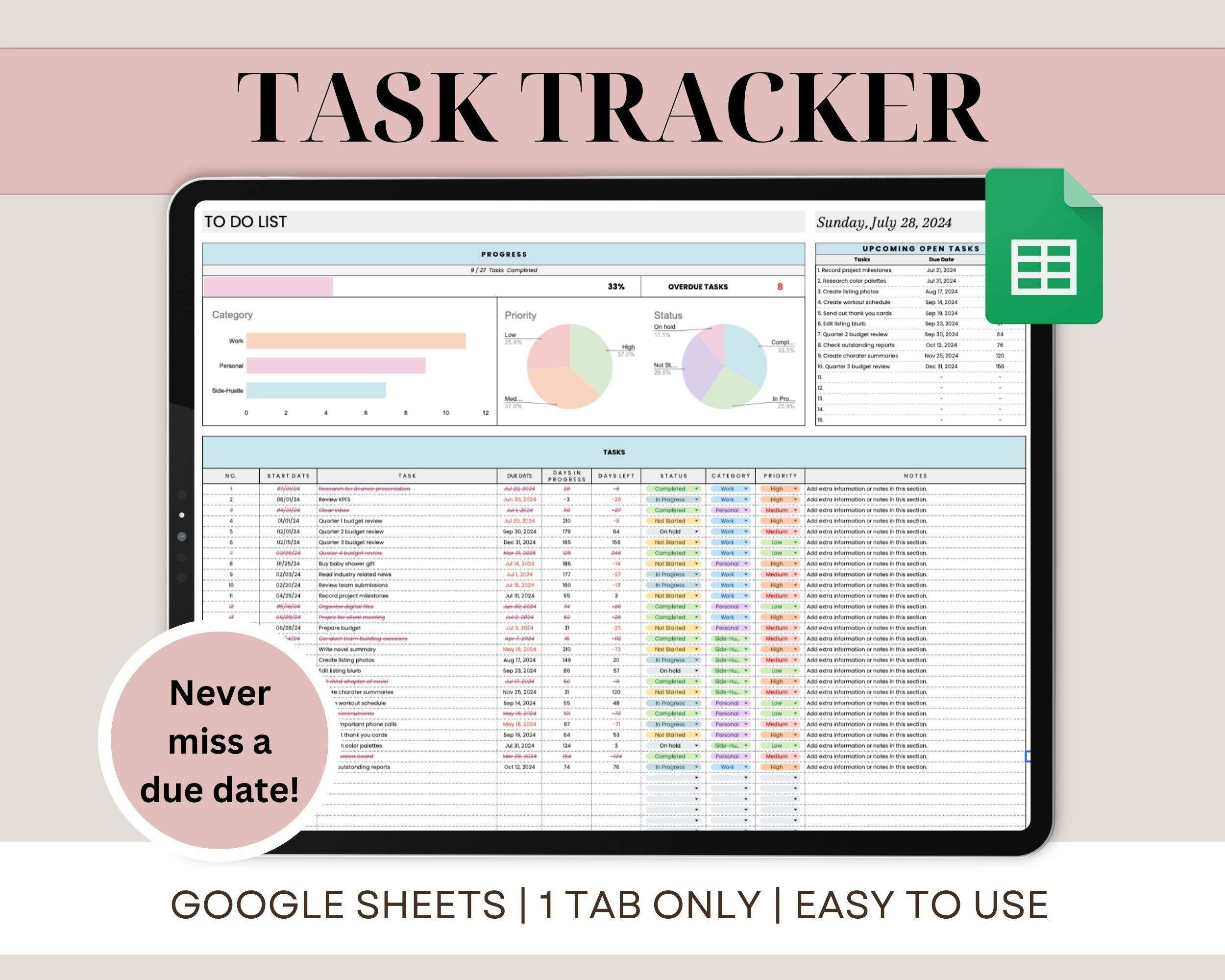 Task Tracker Spreadsheet Google Sheets to Do List Template Task ...
