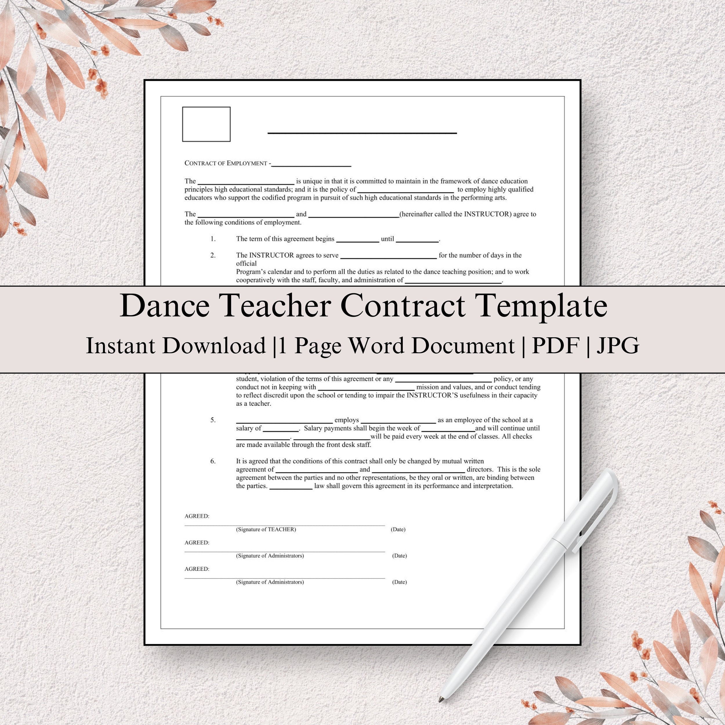 Dance Teacher Contract Template: Studio Instructor Agreement (PDF, Word ...